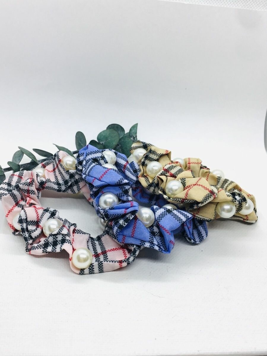 Набор резинок VERBA, искусственный шелк, с жемчугом, 14см, 3шт, бежевый, розовый, фиолетовый