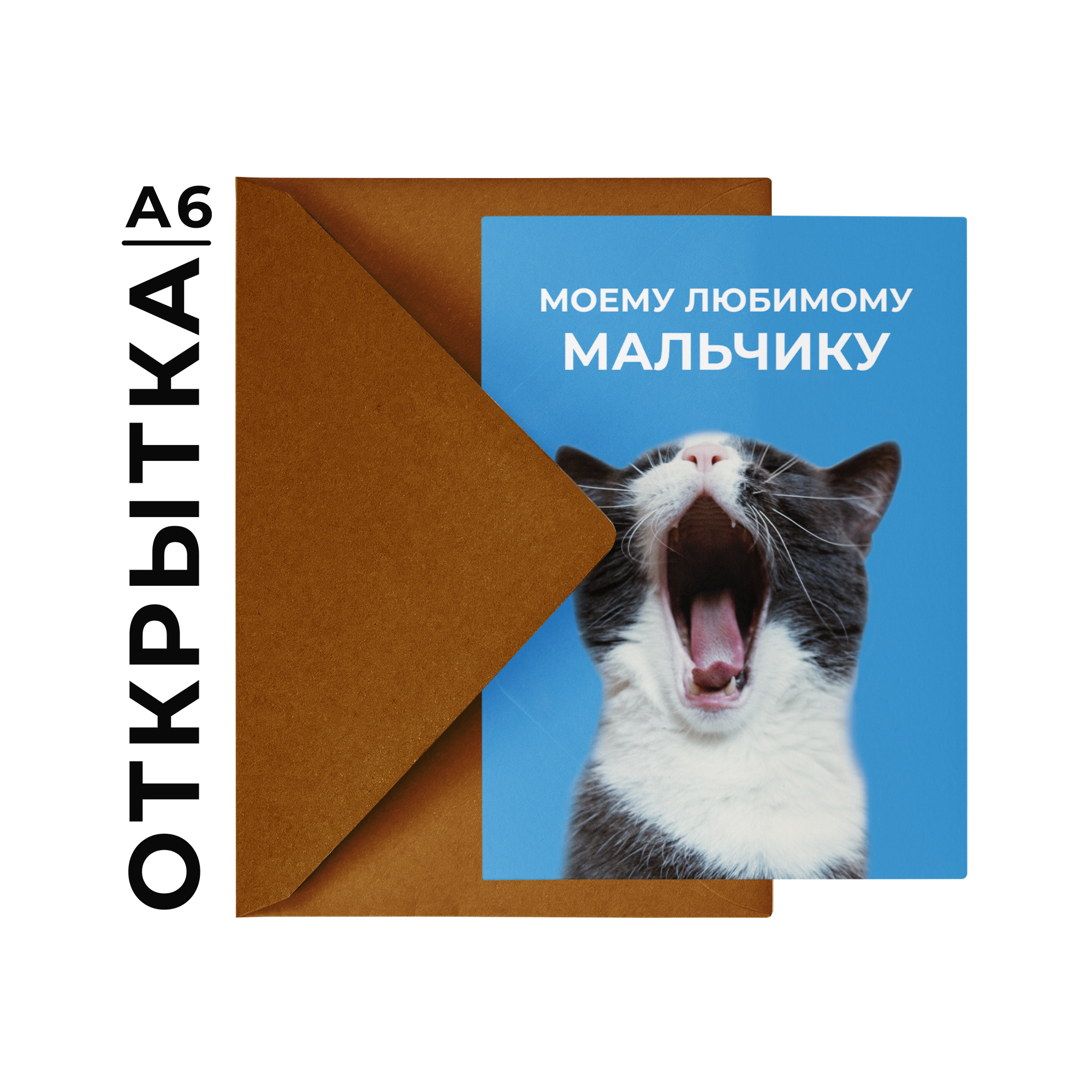 Открытка Моему любимому мальчику валентинка с котиком и крафтовым конвертом