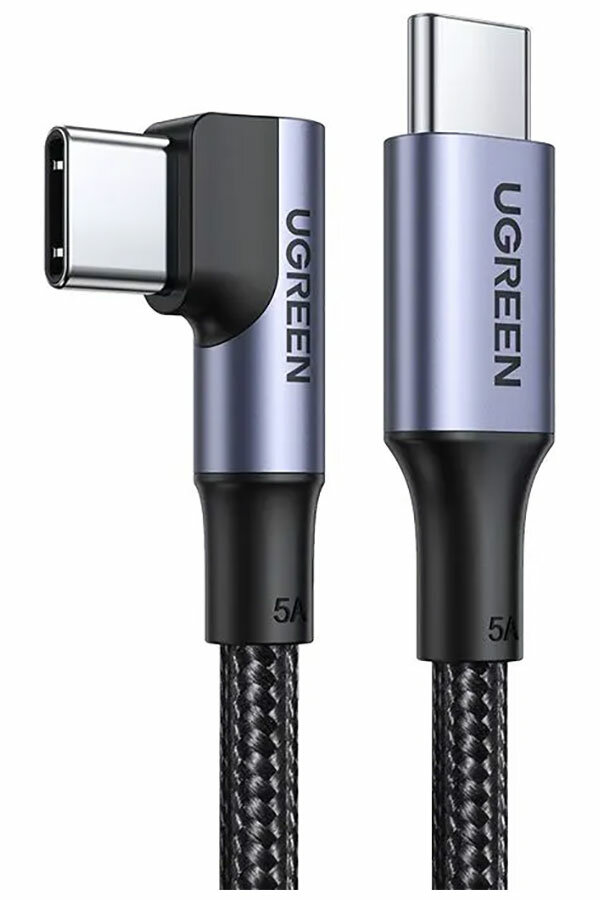 Кабель Ugreen US334 (20583) USB-C 2.0 Male To Angled 90° USB-C 2.0 Male 5A Data Cable, 3 м, черный