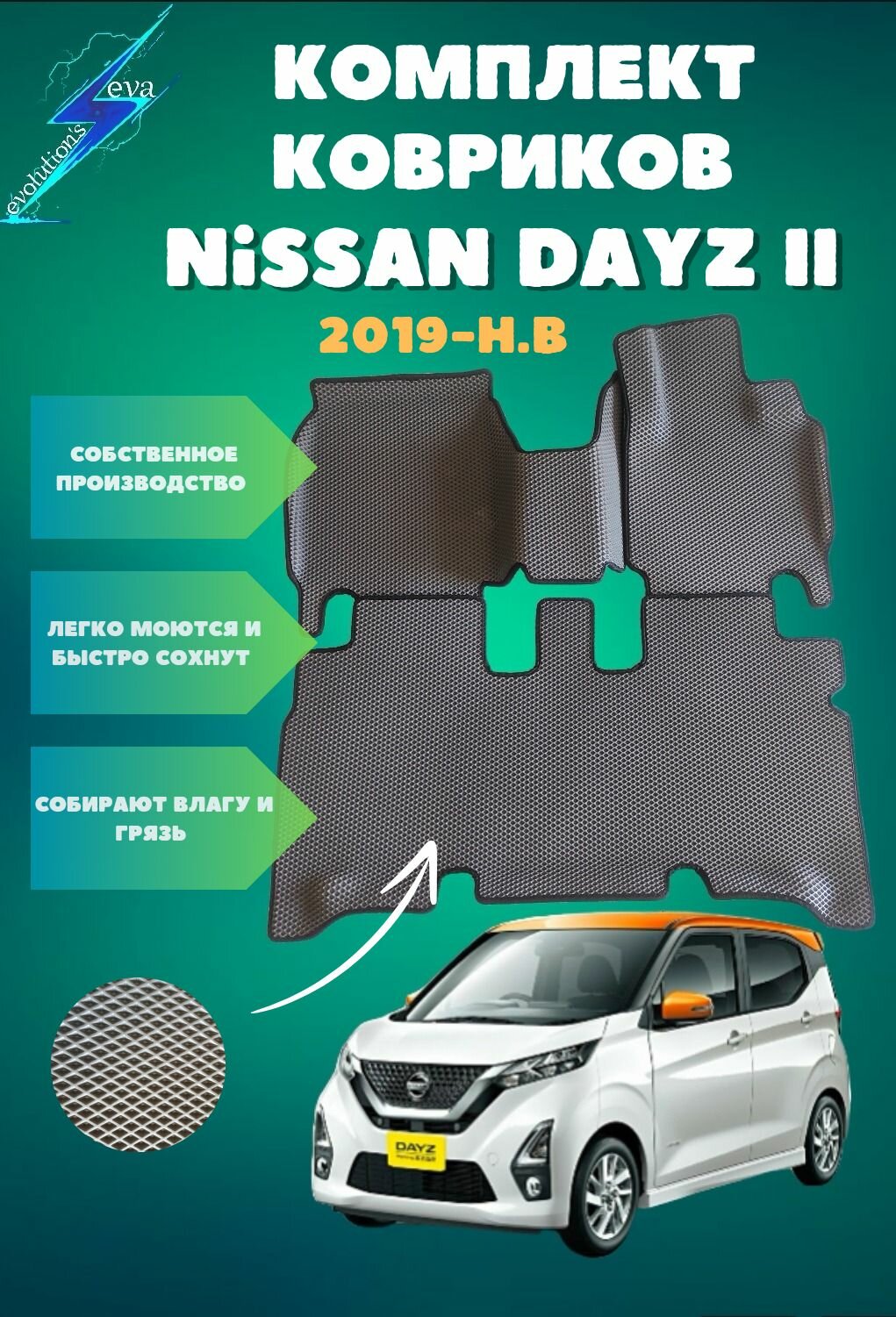 Комплект 3D EVA ковриков с бортами для Nissan Dayz II/Ниссан Дейз 2(2019-н. в)