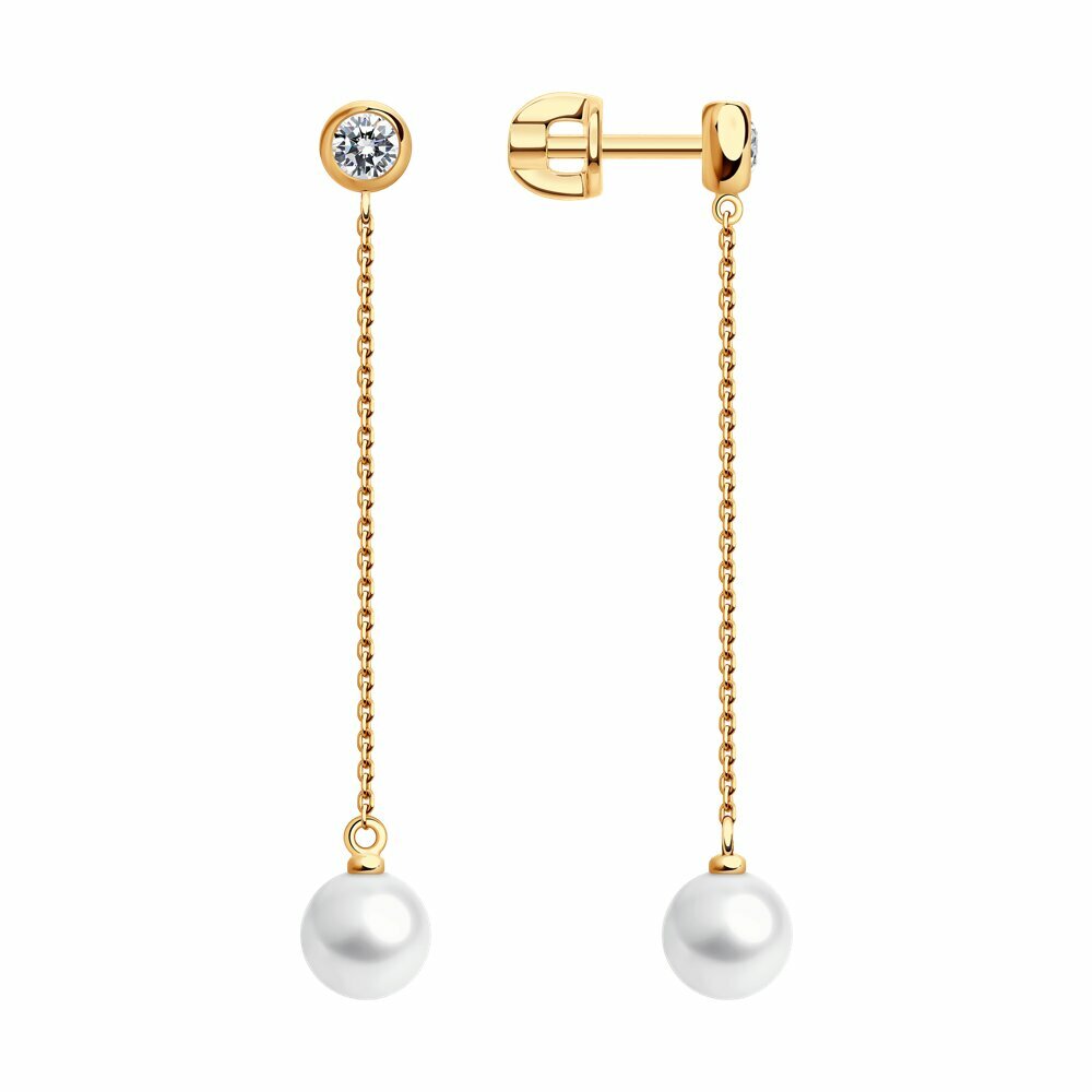 Серьги с подвесками, красное золото, 585 проба, жемчуг пресноводный культивированный, фианит