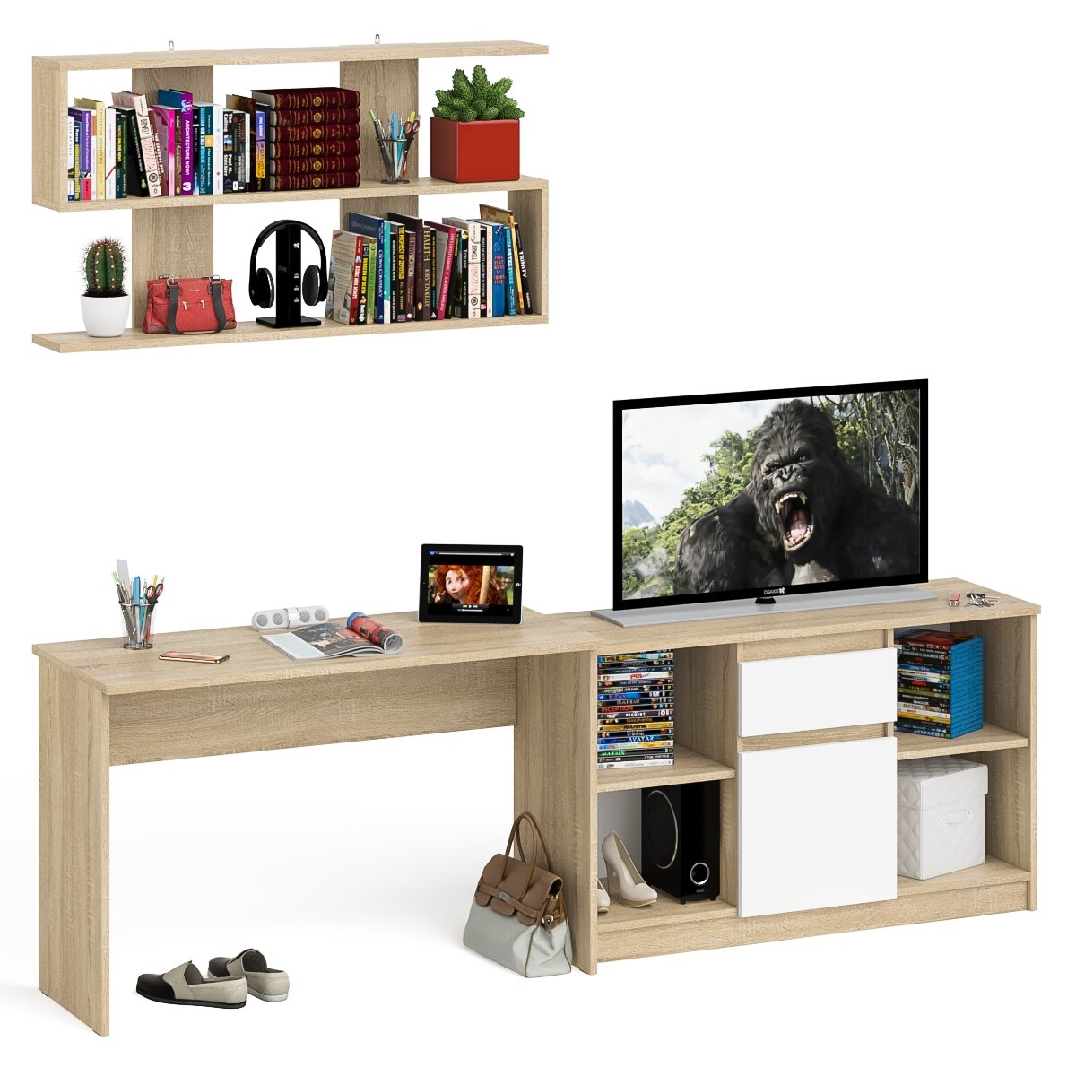 Тумба большая СВК Мори МТВ1204.1 с дверками и нишами со столом и верхней полкой дуб сонома/белый