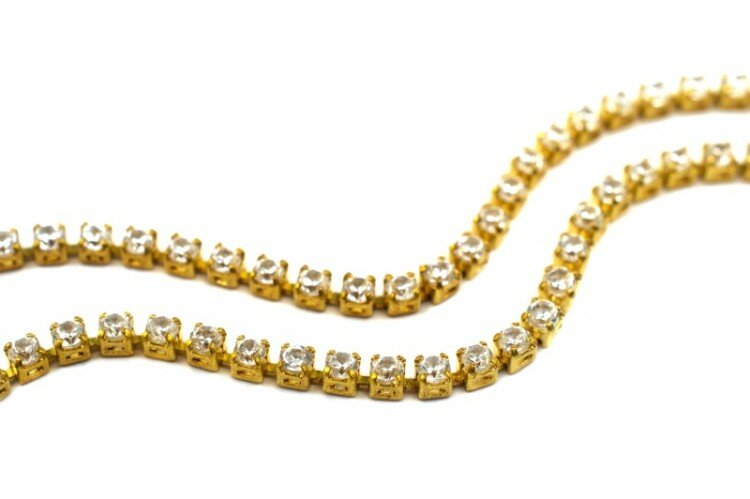 Стразовая цепь цирконий/латунь, звено 1,5х1,5мм, цвет хрусталь/латунь, 47-053, 10см (около 50 страз)