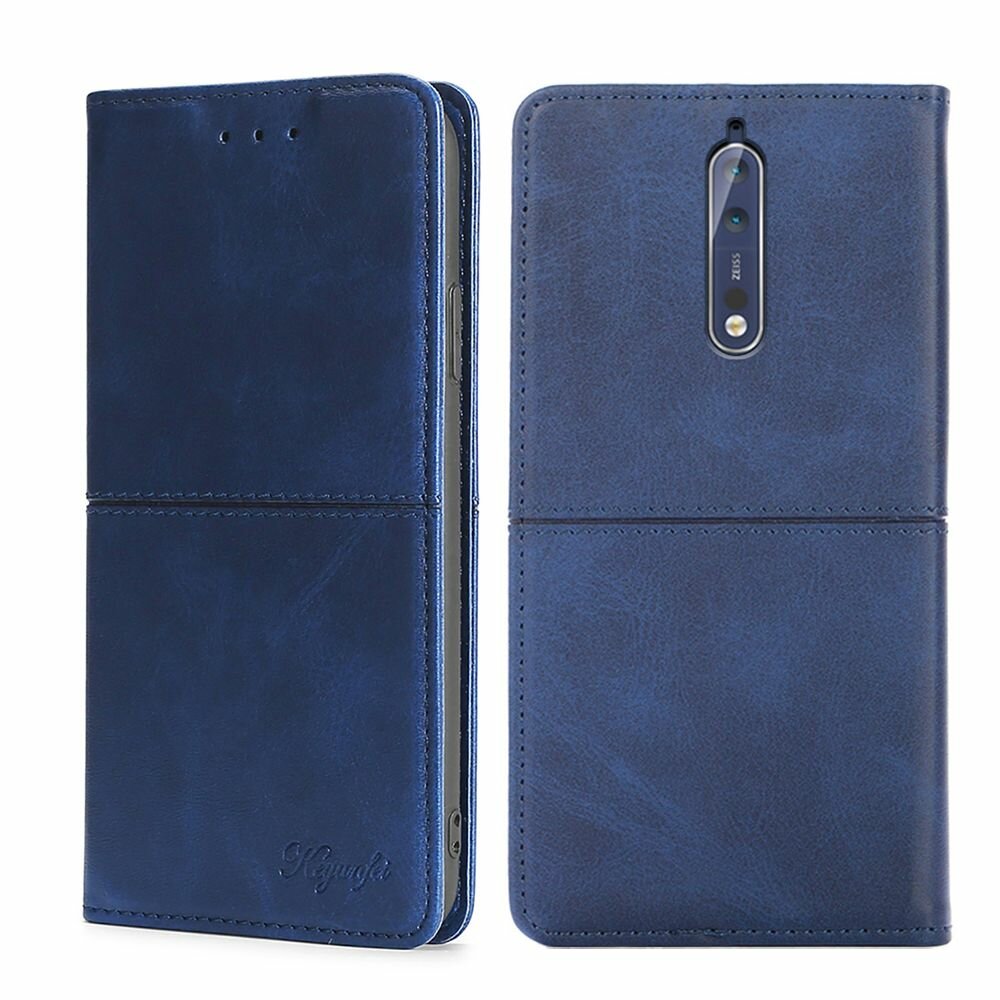 Чехол-книжка MyPads Con Striscia для Nokia 8 / Нокиа 8 из водоотталкивающей импортной ткани синий с золотой полосой