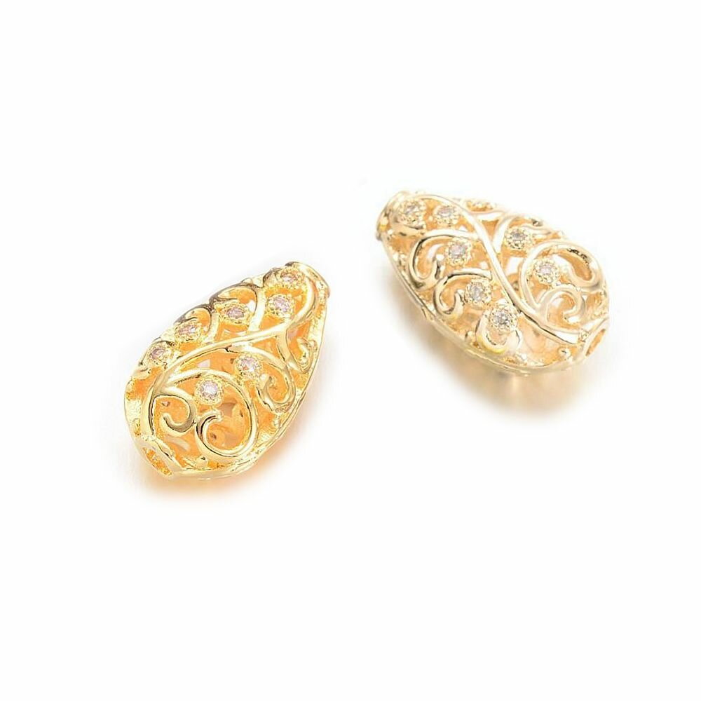 Бусина металлическая, 16х10х8мм, Milano, Ажурная капля с фианитами, базовый материал - латунь, под золото, 1 шт.