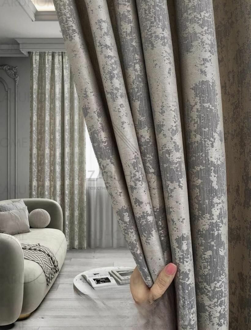 Шторы "Мрамор", хлопок, 3 м x 2.75 м, серые, непрозрачные, крепление на ленте