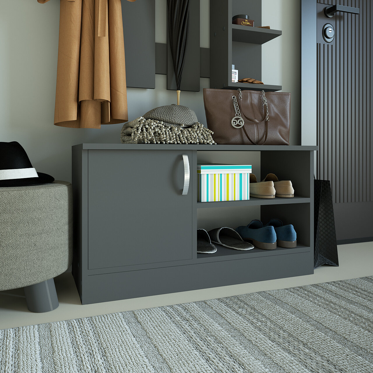 Обувница напольная, тумба для обуви в прихожую, графит, 80*45*32, Уют