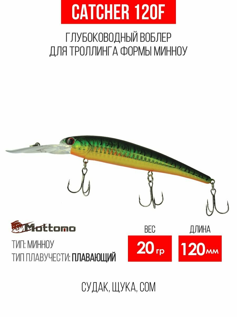 Воблер для рыбалки Mottomo Catcher 120F 20g, минноу плавающий для спиннинга, троллинга. Приманка на щуку Fire Tiger