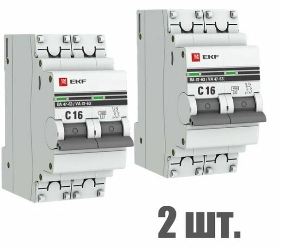 Автоматический выключатель EKF 2P 16А (C) 4,5kA ВА 47-63 EKF PROxima 2 штуки