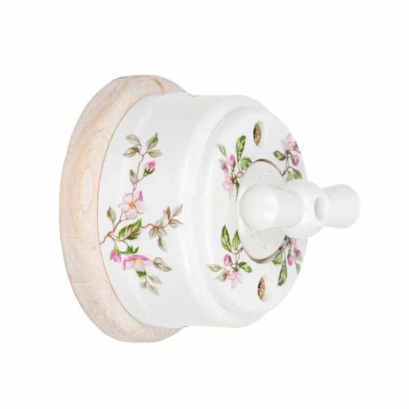 Выключатель ретро одноклавишный (проходной) керамический с ручкой бантик, серия нежность, подрозетник береза Zion