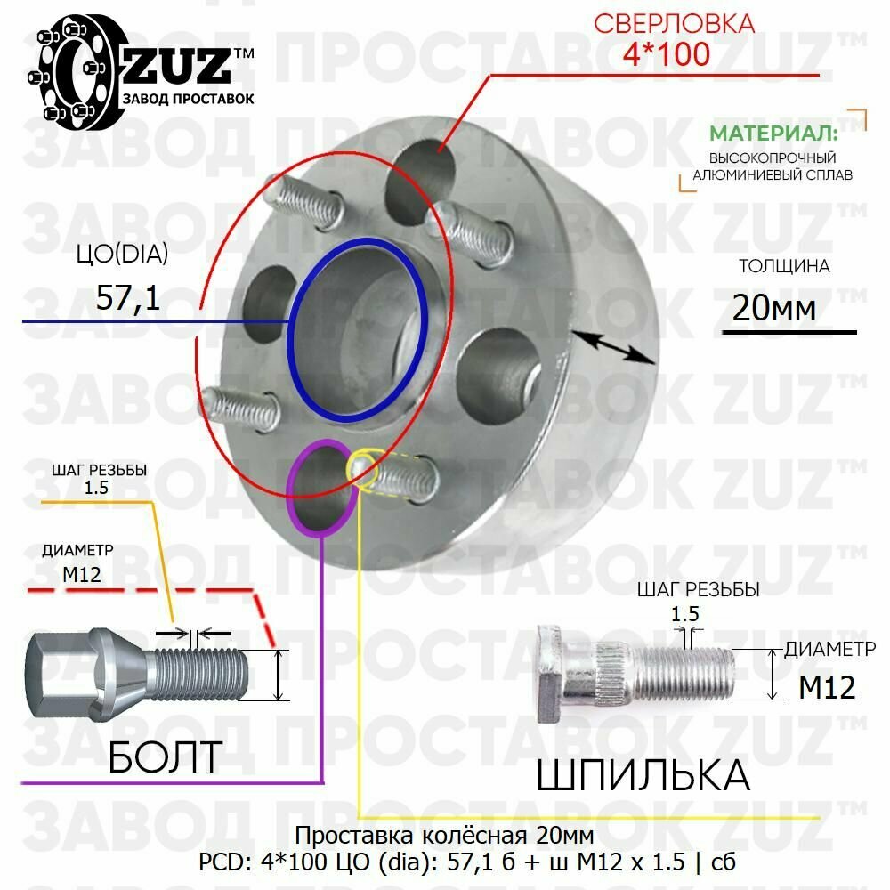 Проставка колёсная 1 шт 20мм 4*100 ЦО 57,1 Крепёж в комплекте Болт + Шпилька М12*1,5 ступичная с бортиком для дисков 1 шт на ступицу 4x100 4х100