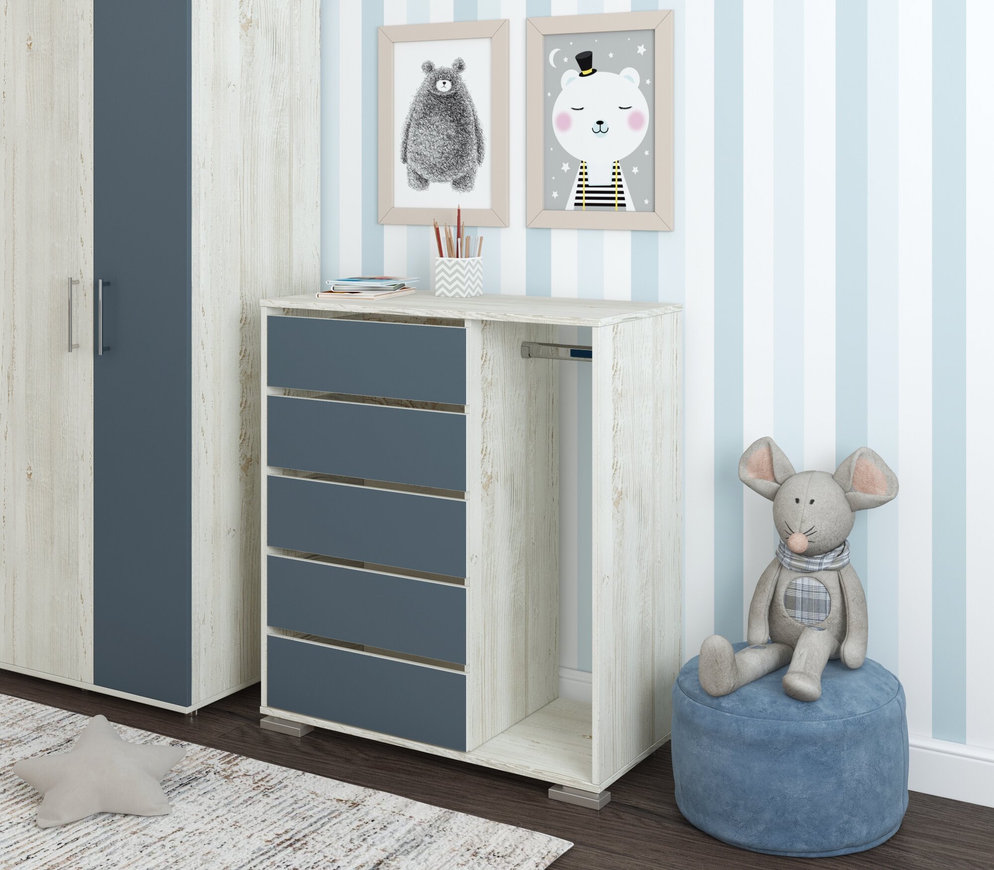 Шкаф, комод, шкаф-комод с ящиками, со штангой Есэндвич Лаворо, 90x43х102 см, левый (Сосна винтерберг/Маренго)