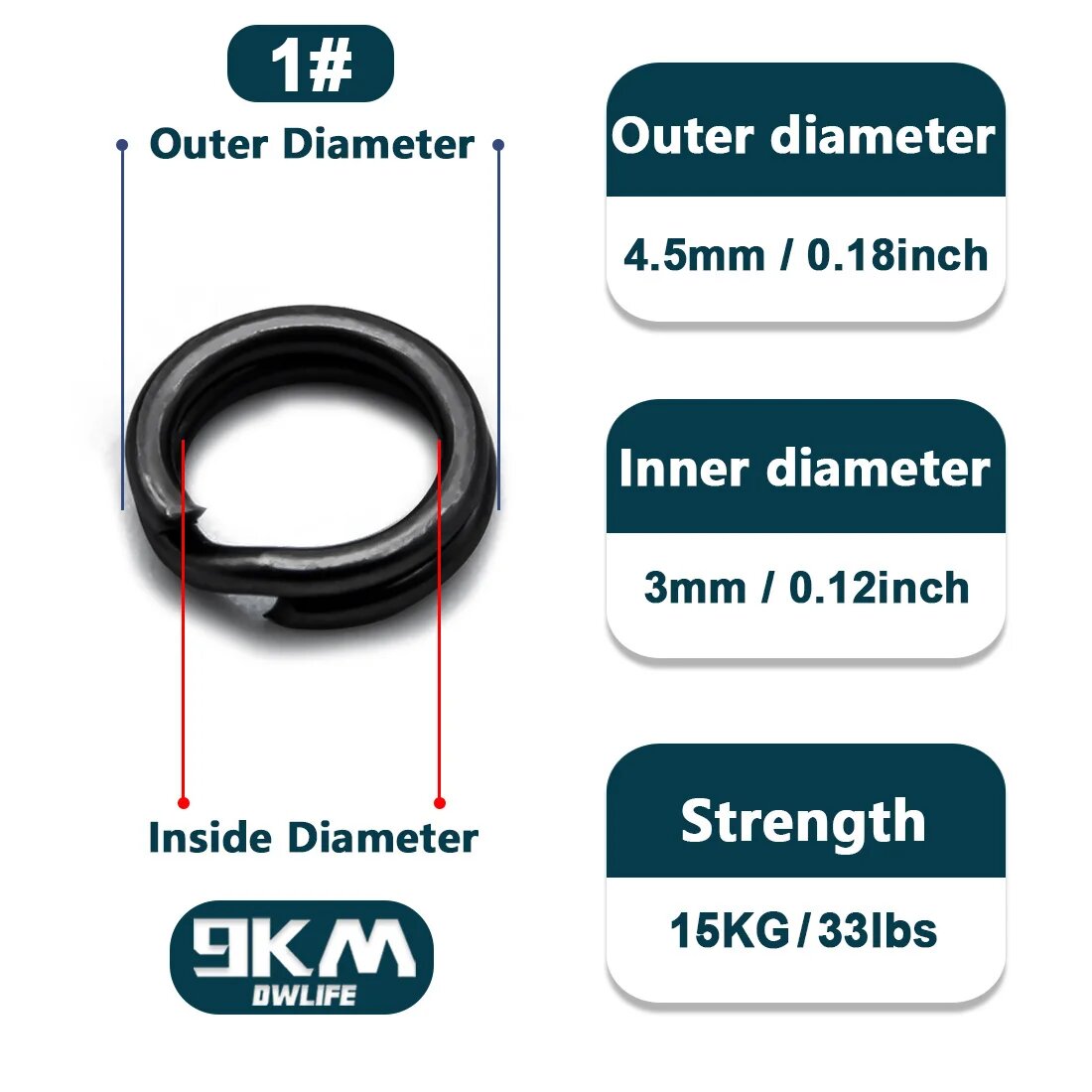 Рыболовные сплит-кольца 9KM DWLIFE 4.5mm, 15kg, 200 шт