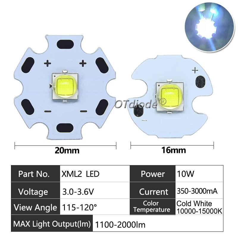 OTdiode BALL 10W 5050-L2 T6 LED светодиоды XMLL2-10000K, 20mm Led 1pcs