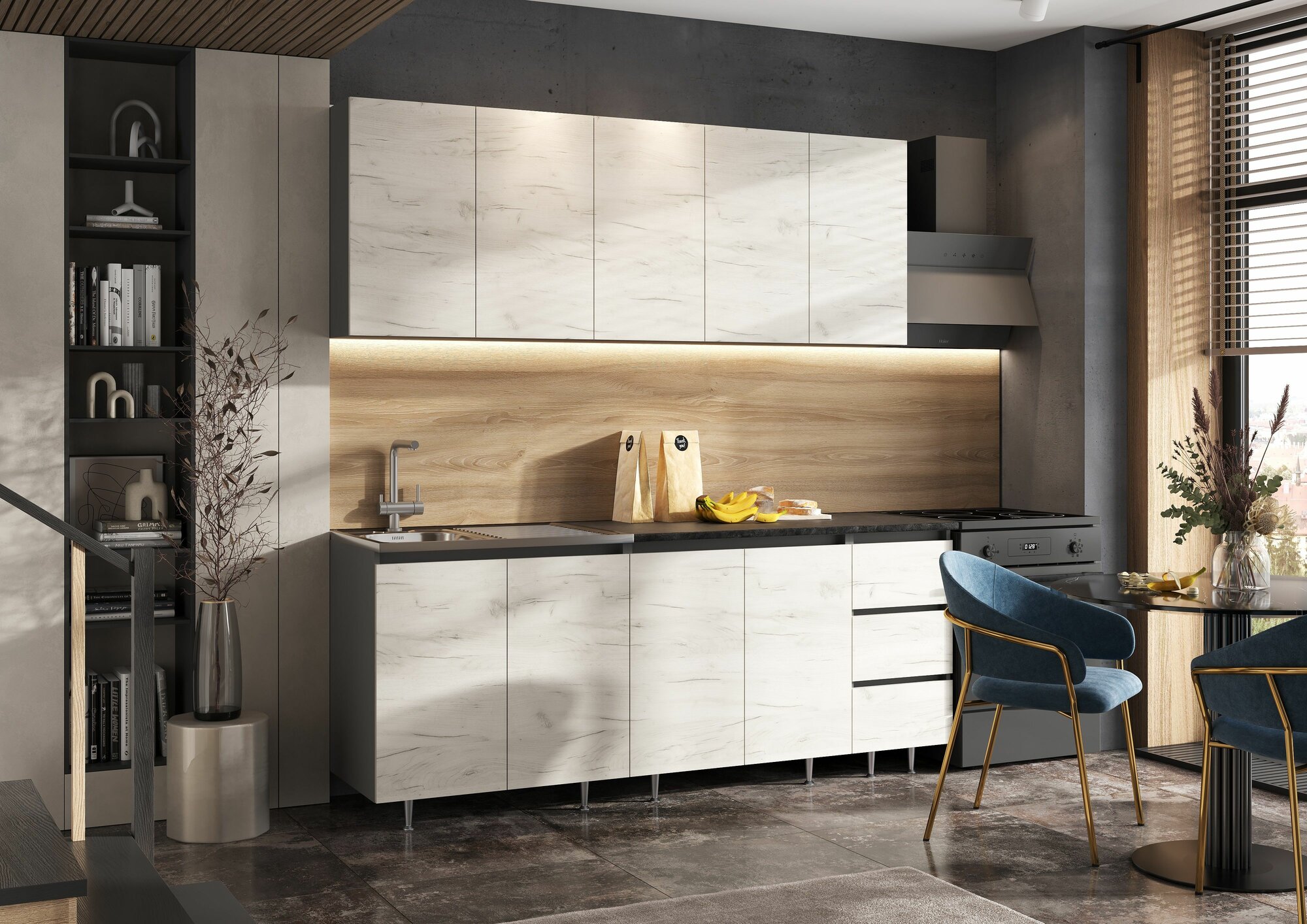 Кухня 2м. Челси Дуб Крафт Белый, Графит (Кастилло)