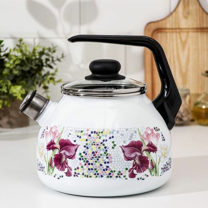 Чайник со свистком СтальЭмаль "Мозаика", 3 л, фиксированная ручка, белый