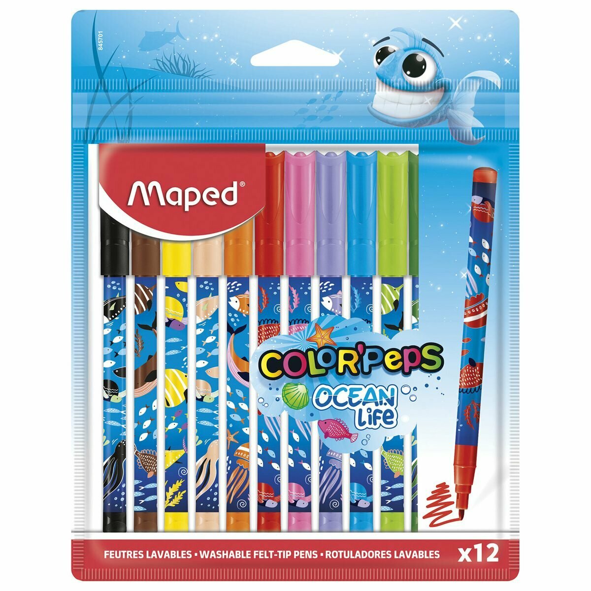 Набор фломастеров 12 цветов Maped Color'Peps Ocean Life (линия 2.8мм, смываемые, вентилируемый колпачок) (845701), 12 уп.