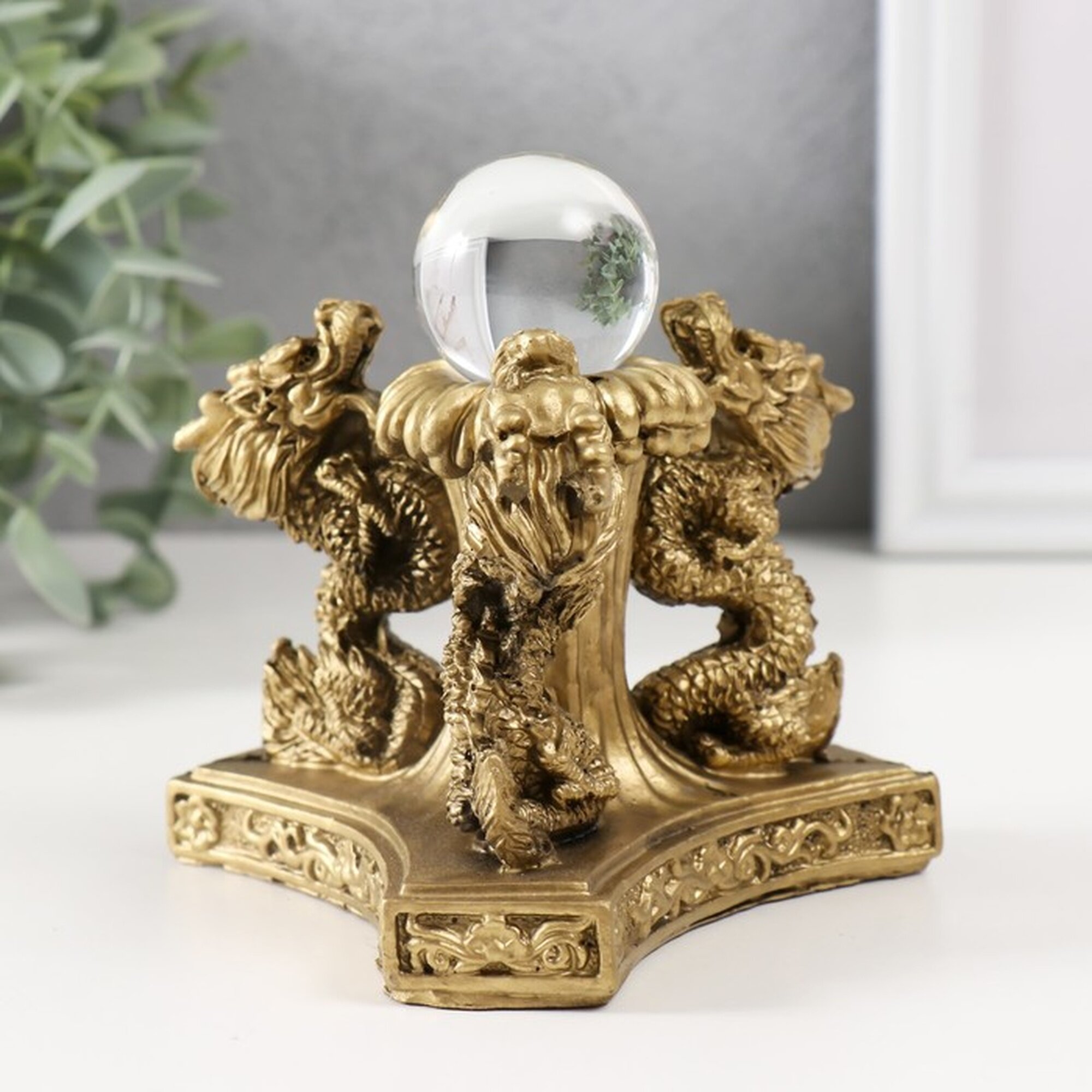 Нэцкэ фигурка «Драконы со стеклянным шаром», полистоун, под бронзу, 8×12×12 см