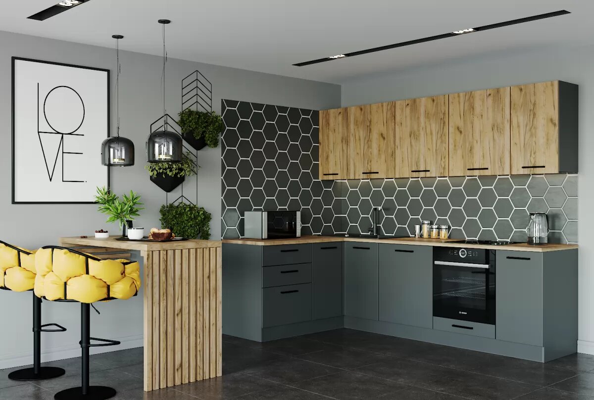 Кухонный гарнитур Sanvut угловой Дели 2600х1600 столешница 26 мм, каркас ЛДСП, фасад ЛДСП, Антрацит/Дуб крафт