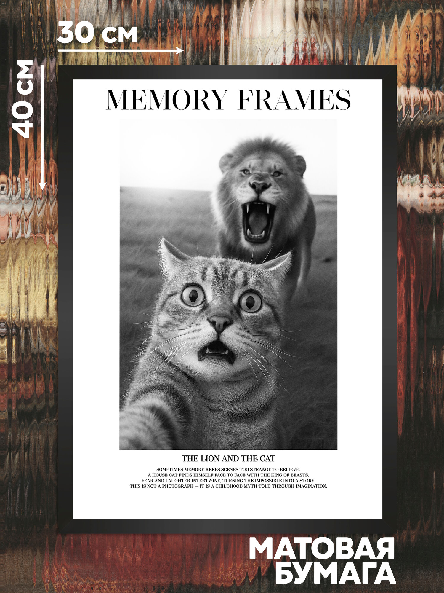 Постер фотография Кот и лев из серии Memory Frames - на стену принт, плакат для интерьера - Casa Paterna