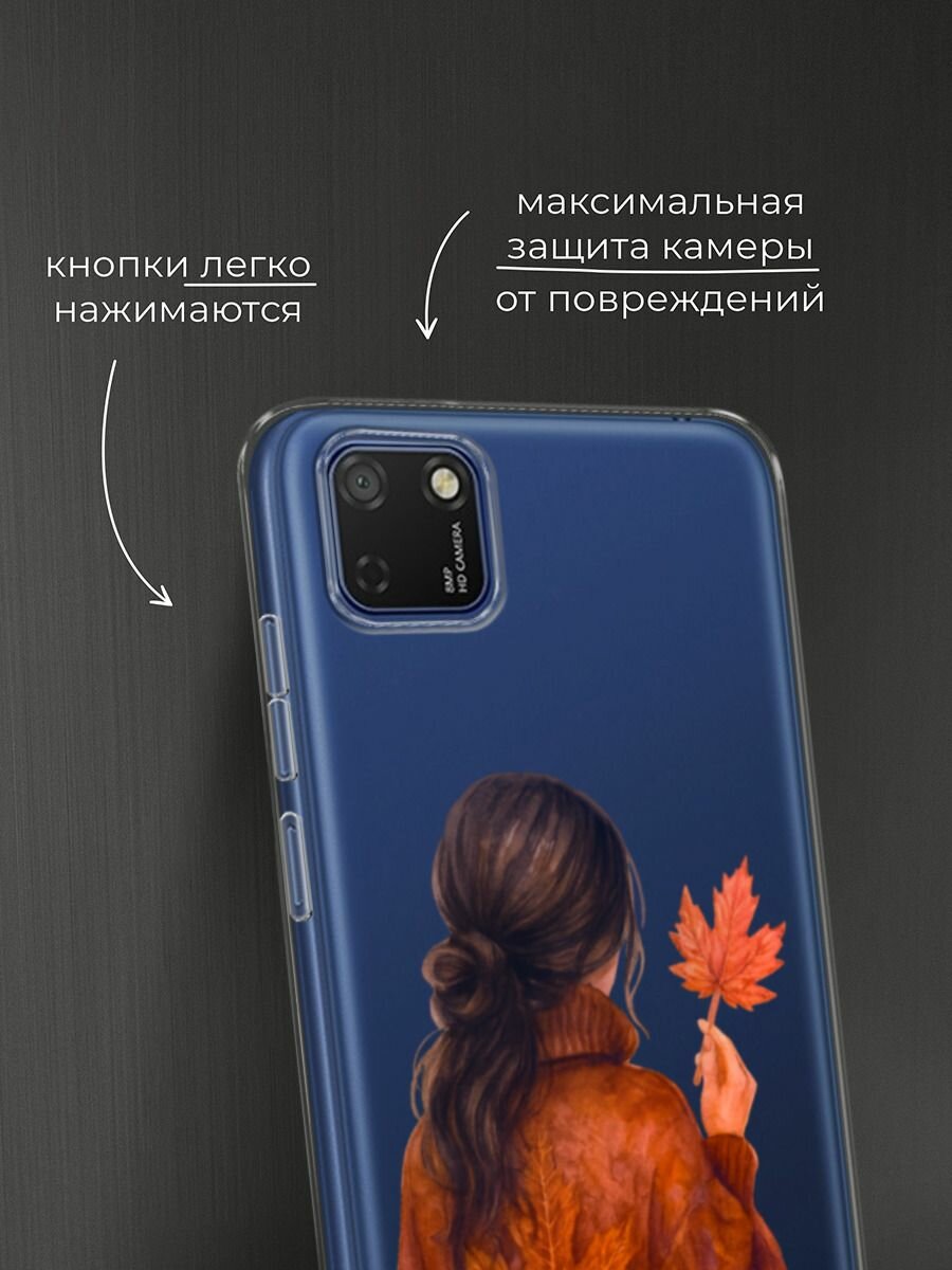 Чехол на Honor 9S/Huawei Y5p / Хонор 9S/Хуавей Y5p с принтом "Девушка с опавшим листом", прозрачный — фото 1