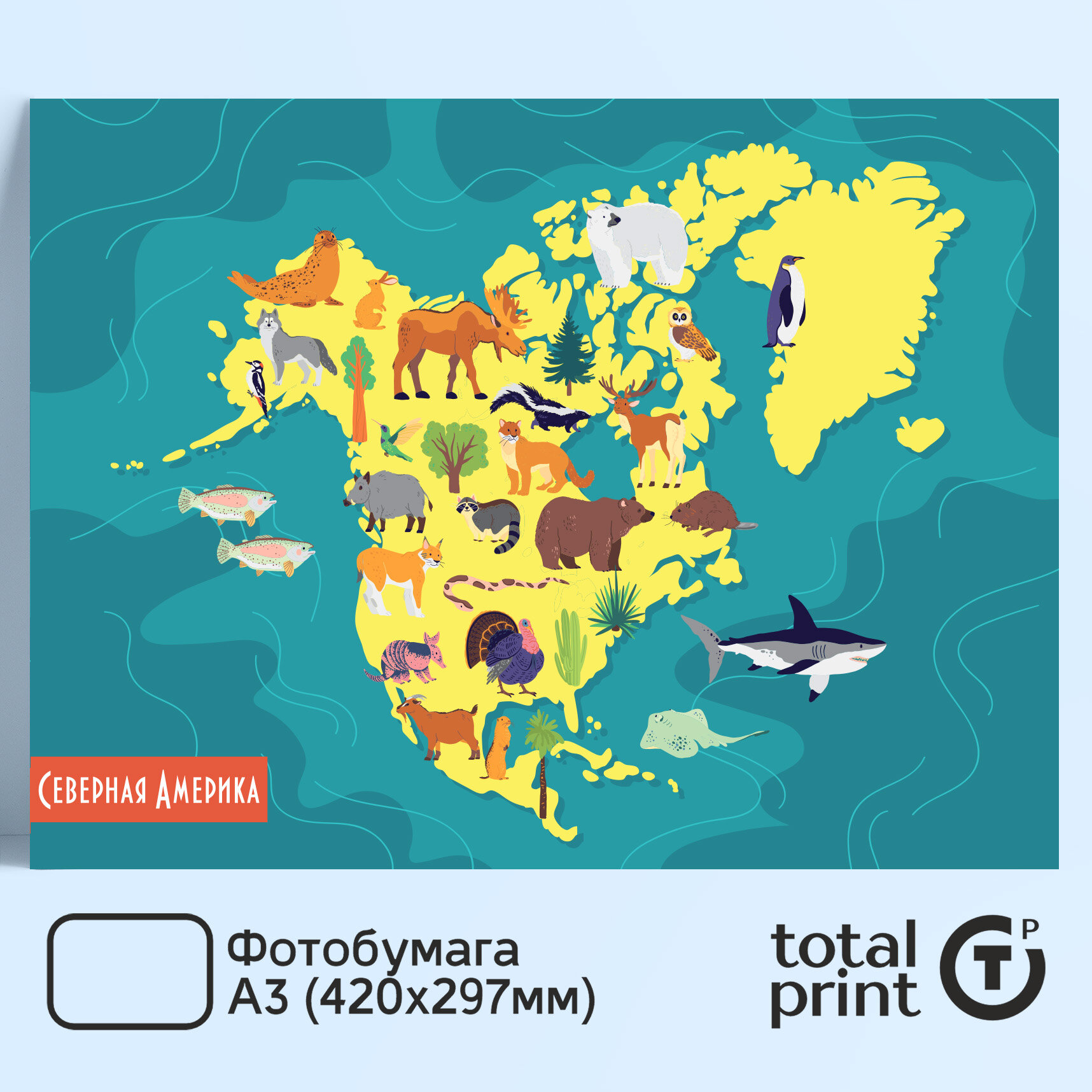Постер на стену Карта животного мира, Северная Америка, А3(420х297мм), TotalPrint