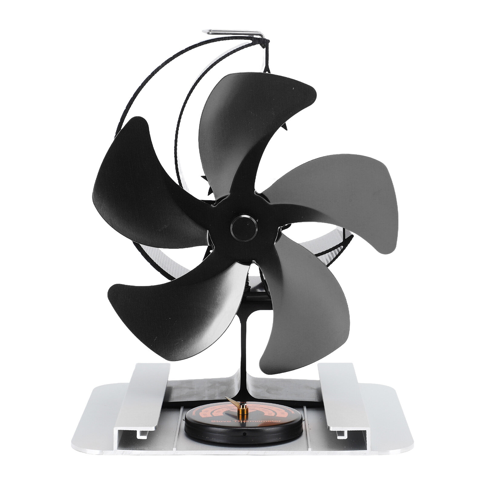 Вентилятор для дровяной печи с 5 лопастями и термозащитным экраном, термометр из алюминиевого сплава, тихая работа, вентилятор для камина с тепловой энергией, черный