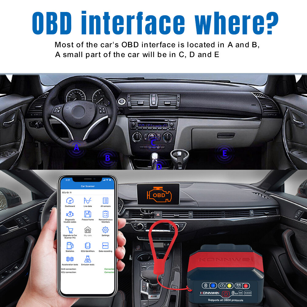 KONNWEI KW905 BT 5.0 Wireless OBDII Car Auto Diagnostic Scan Tools Detector Tester Scanner for IOS Android System, Red