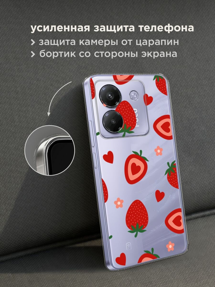 Чехол на Poco M7 Pro / Поко М7 Про с принтом "Heart strawberries 2 - 14 февраля", прозрачный — фото 1