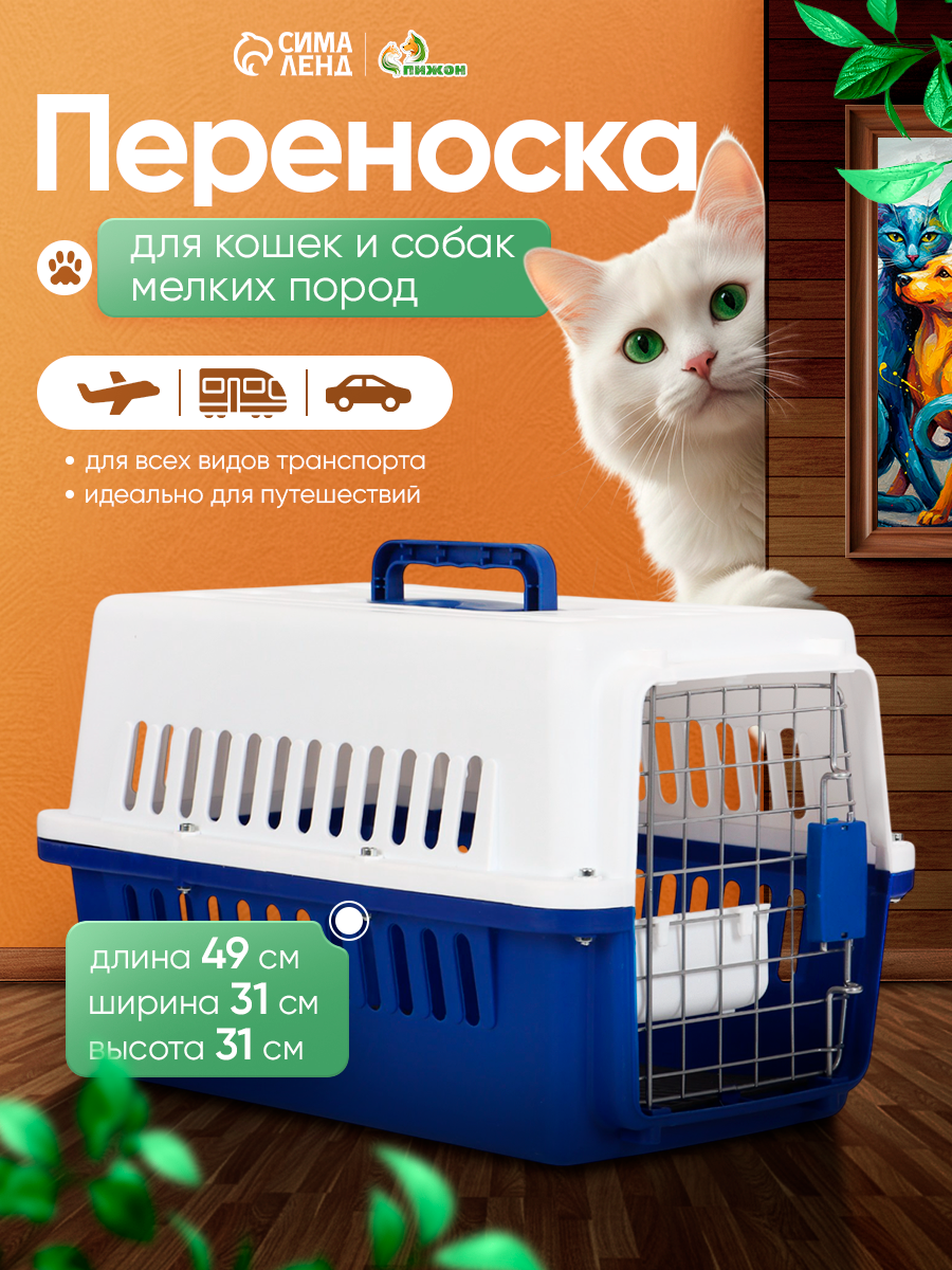 Переноска для животных, 49×31×31 см, с поддоном и миской, пластик, белая/синяя