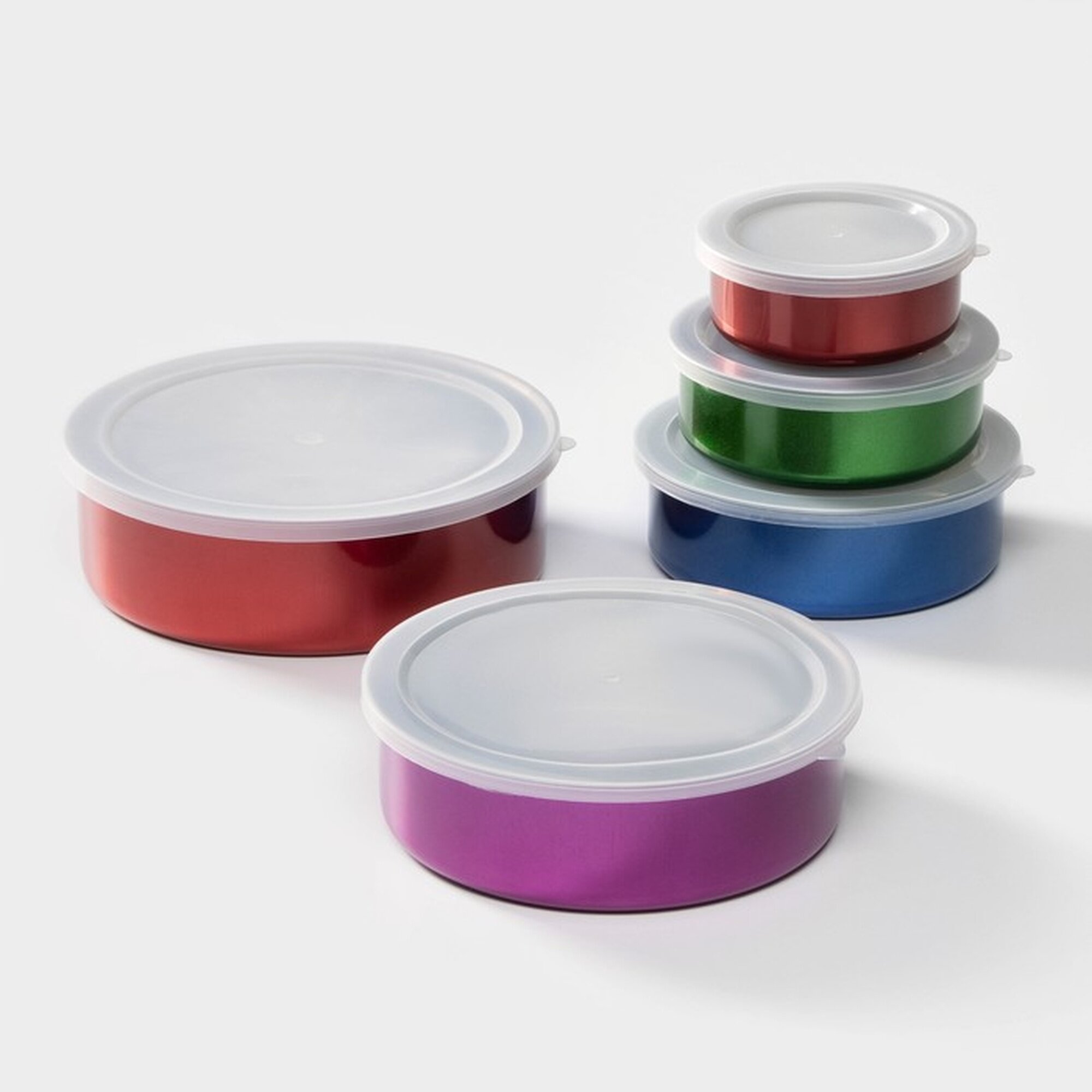 Набор салатников из нержавеющей стали «Радуга», 5 шт: d=18/16/14/12/10 см, с крышками, микс