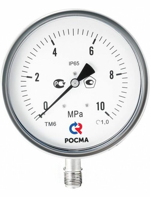 Манометр Росма ТМ-621Р (0-1МПа) G1/2 1.0 коррозионностойкий виброустойчивый (готовый к гидрозаполнению) 150мм, тип - ТМ-621Р, радиальное присоединение, 0-1МПа, резьба G1/2, класс точности 1.0