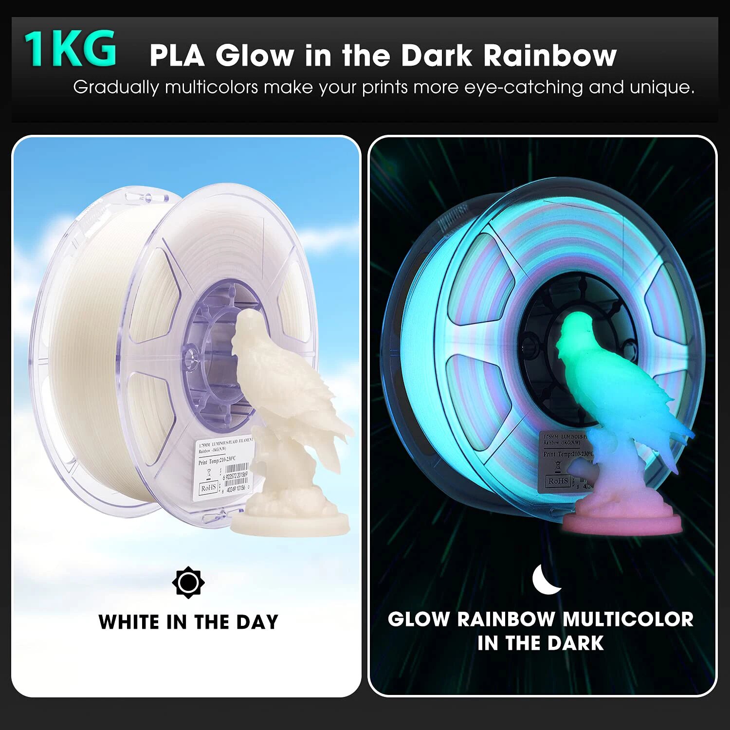 EStars Светящаяся радужная нить PLA 1.75 мм 1 кг Rainbow 1kg