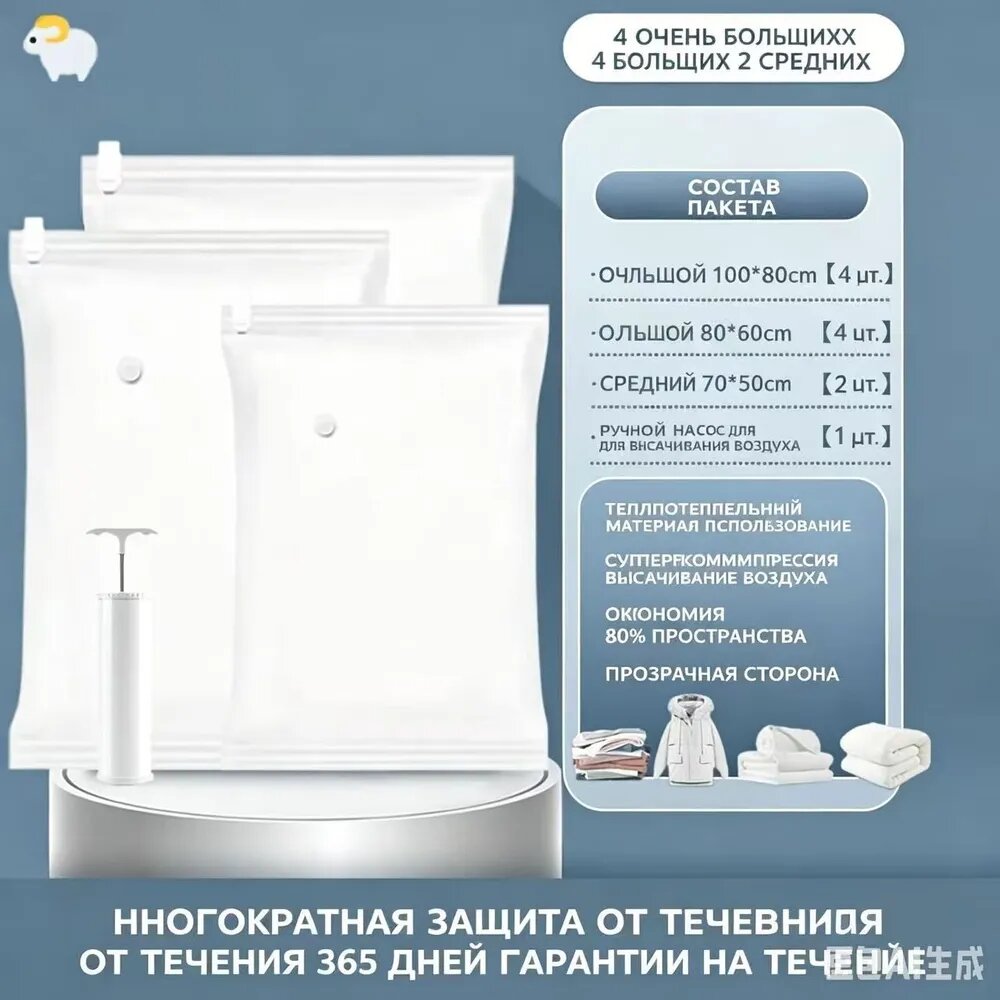 Вакуумные пакеты для одежды 10 шт, с насосом, набор разных размеров