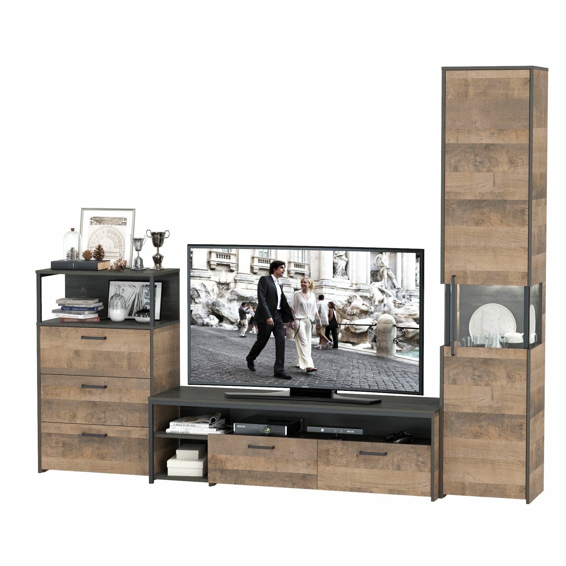 Стенка для гостиной с подсветкой Трувор № 24, цвет дуб гранж песочный/интра, ШхГхВ 260,6х45,4х210 см.