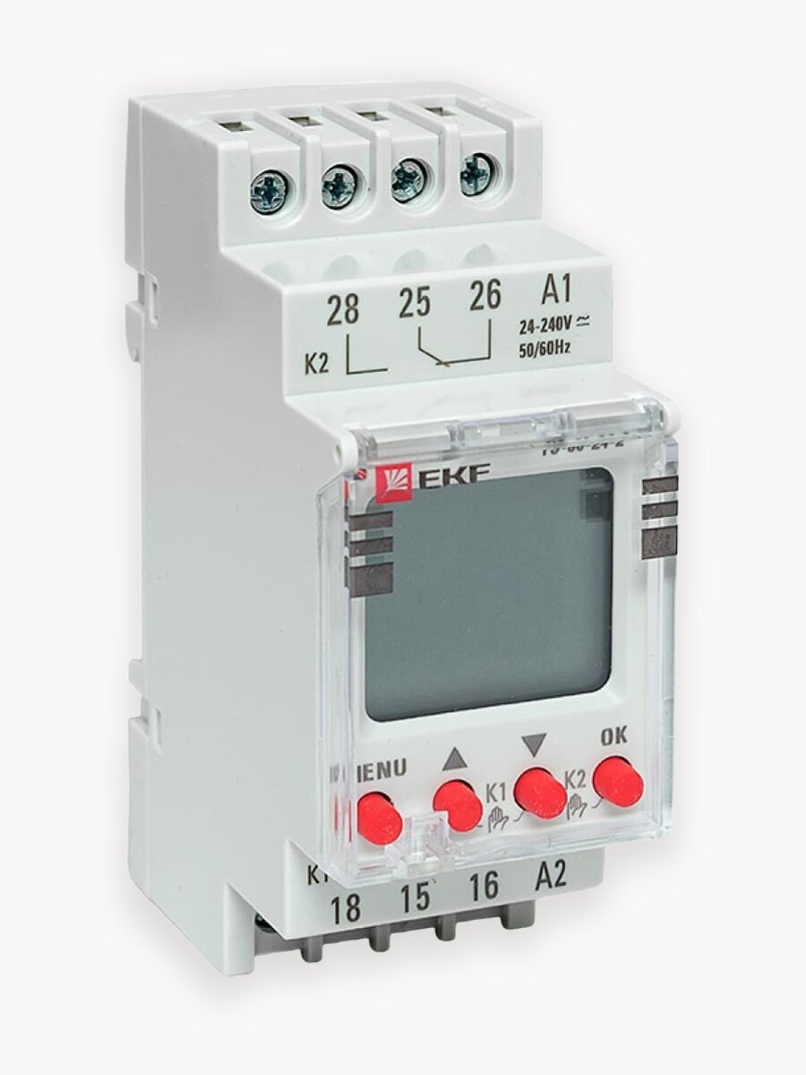 Таймер электронный двухканальный ТЭ-80 AC/DC 24-230В 16А EKF, 80 программ, дисплей, часы реального времени, монтаж на DIN-рейку, можно использовать для подачи школьных звонков