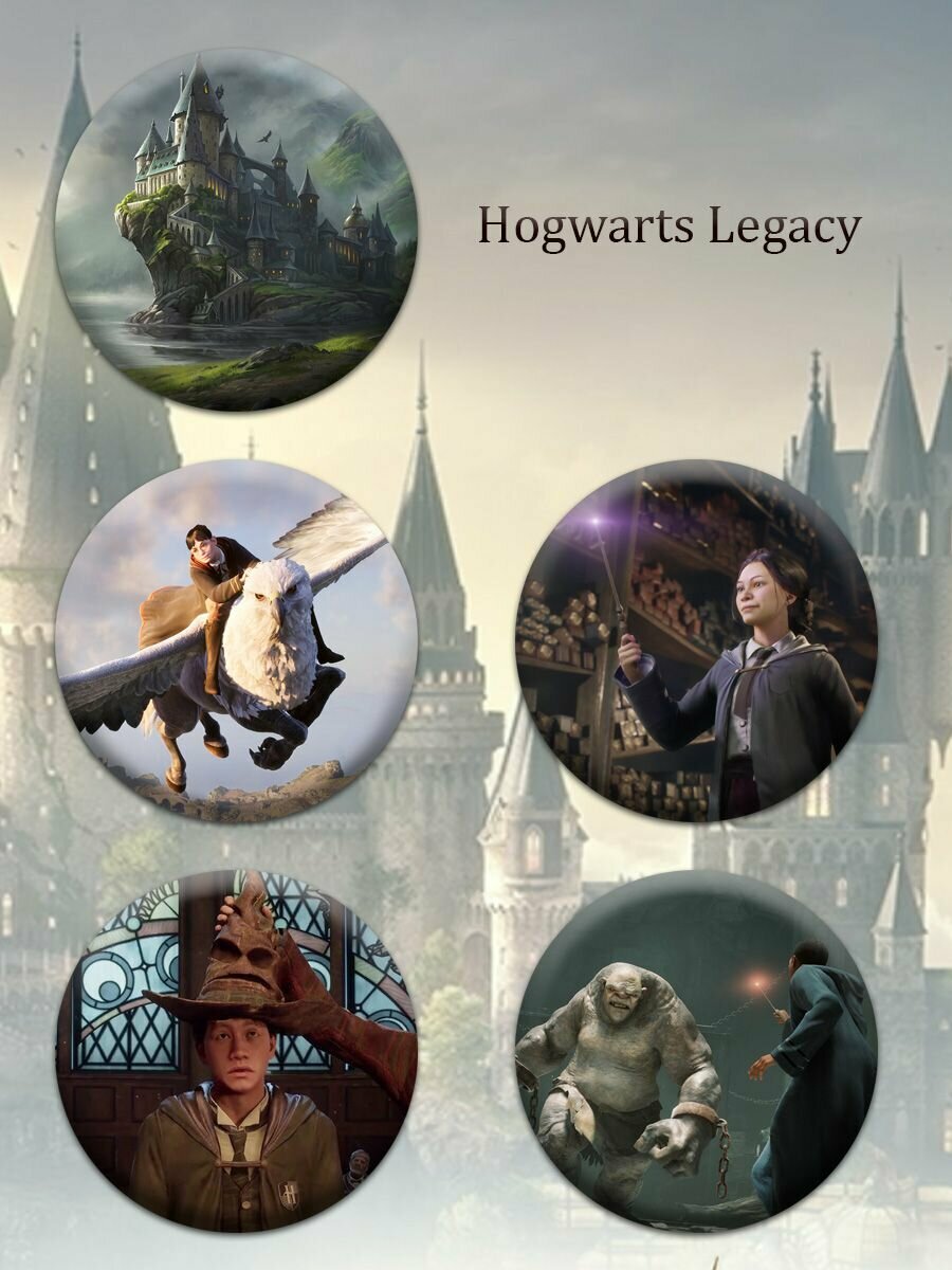 Набор значков Хогвартс 5 шт 44 мм/ Hogwarts Legacy/ Хогвартс наследие