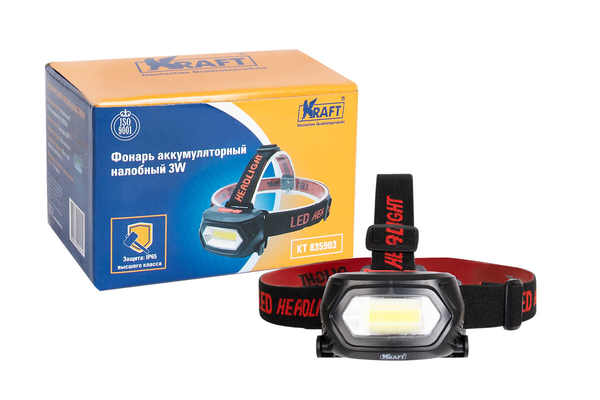 Фонарь налобный светодиодный аккумуляторный 3W KRAFT KT 835903 Kraft арт. KT835903