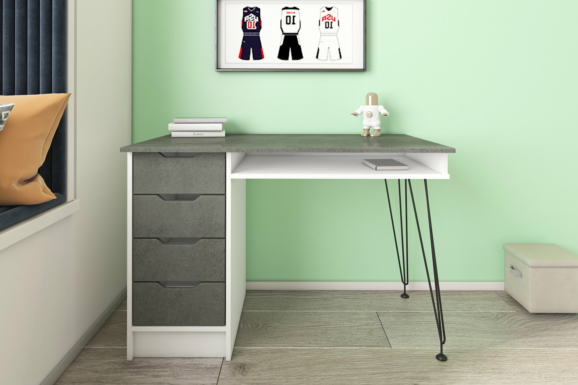 Стол письменный ВМФ Kraft 17, 4 ящика, полка, МДФ, ЛДСП, белый - камень серый, 110x60x73см