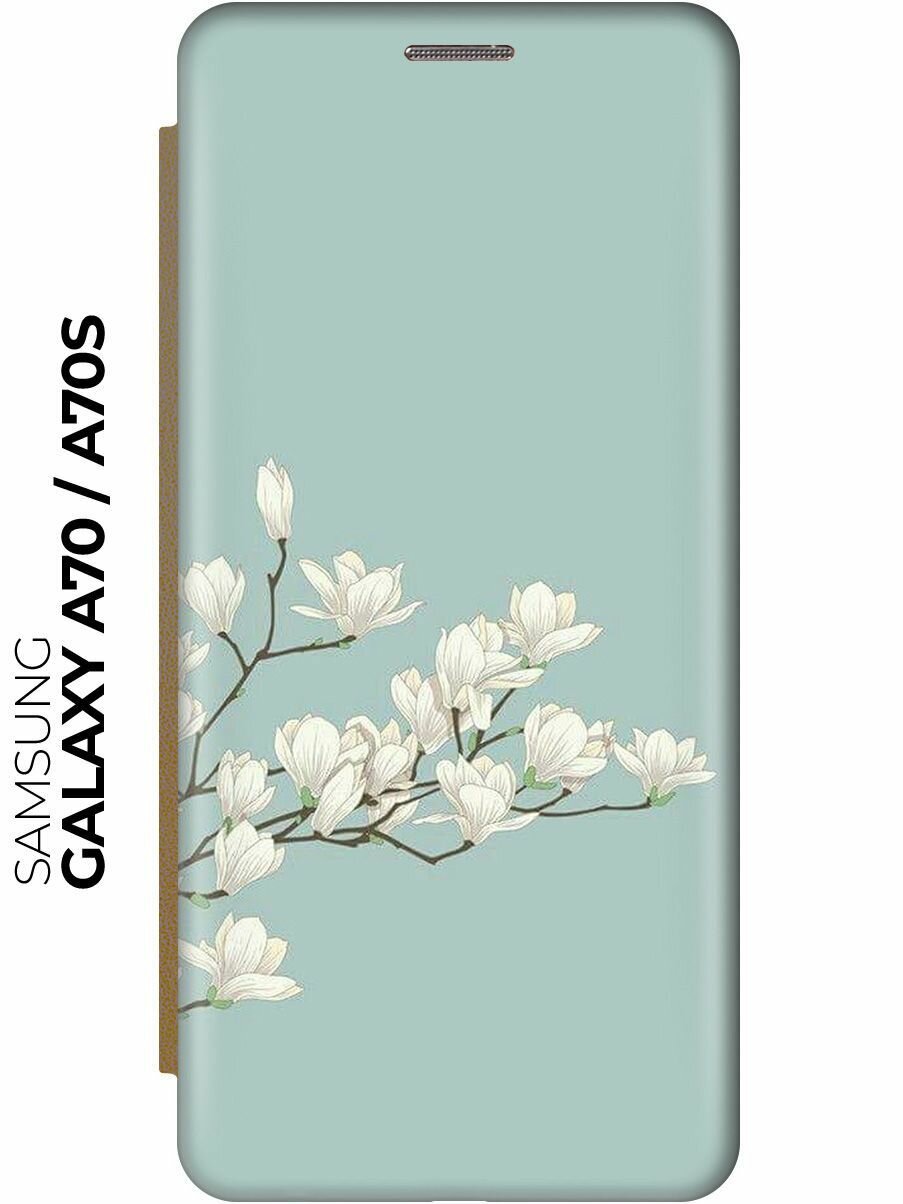 Чехол-книжка Сакура на голубом на Samsung Galaxy A70 / A70s / Самсунг А70 / А70с золотой