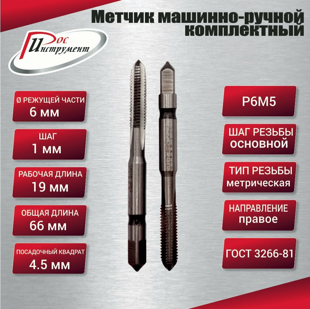 Метчик машинно-ручной М 6,0 х 1,0 комплектный 2 шт. ГОСТ 3266-81 Р6М5
