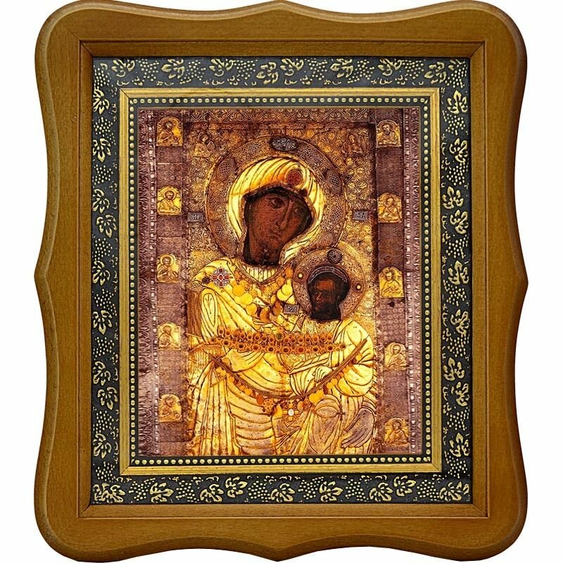 Иверская икона Божьей Матери. Копия афонской иконы на холсте. (15 х 18 см / В фигурном киоте)