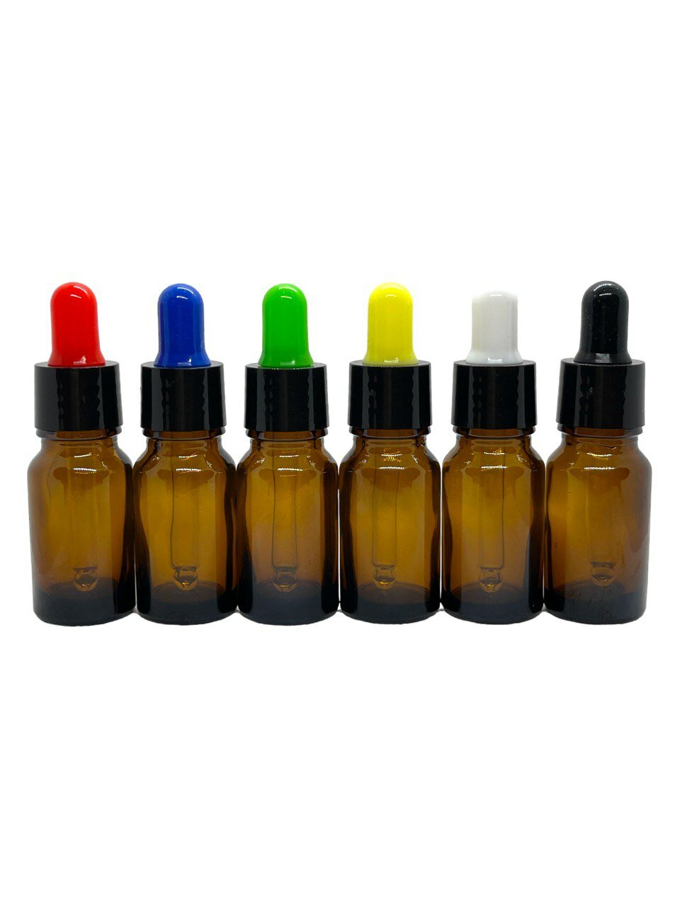 Набор пипеток для эфирных масел, флакон 10 мл, 6 штук, янтарное стекло, черная крышка, разноцветная груша