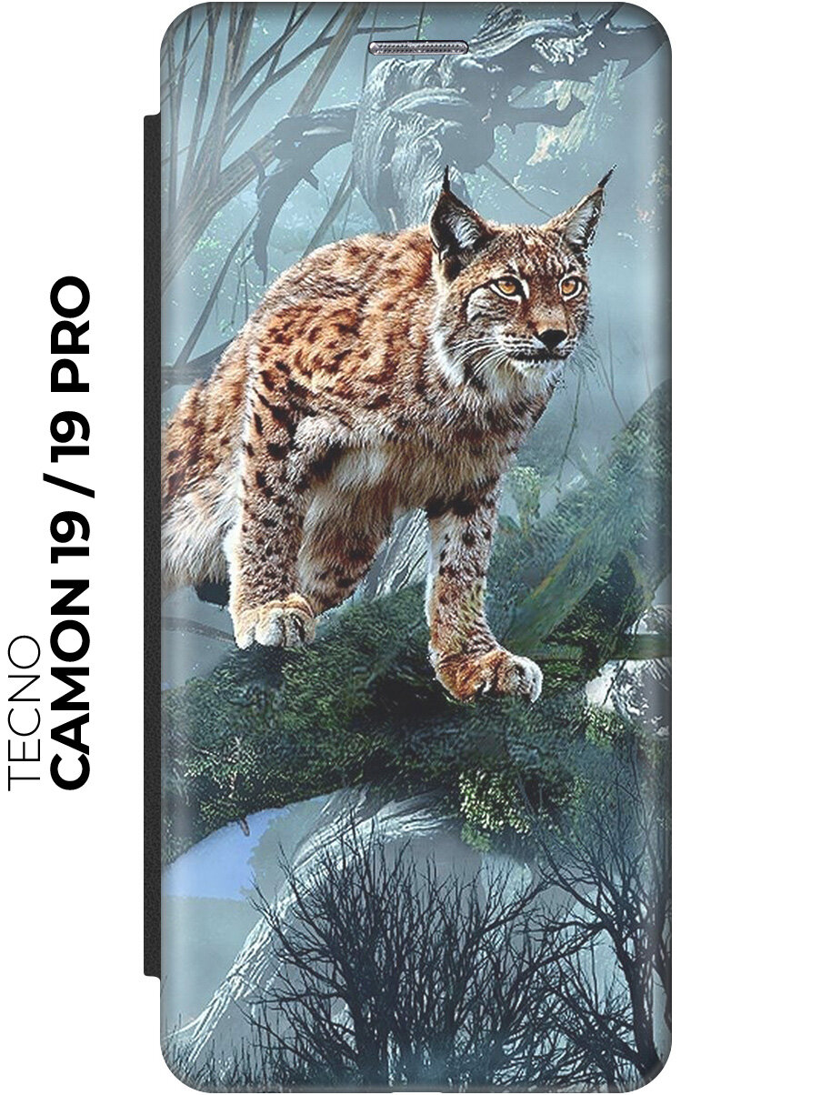 Чехол-книжка на Tecno Camon 19 / 19 Pro / Техно Камон 19 / 19 Про с рисунком "Дикая рысь" черный
