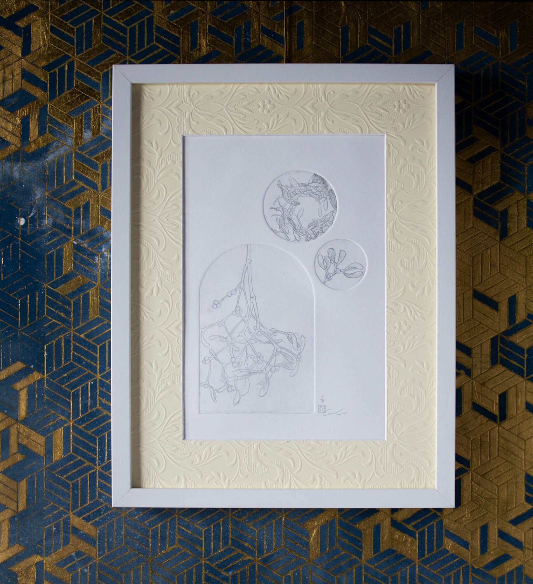 Гравюра "Омела" в технике офорта: мягкий лак, оттиск 5/15, в раме