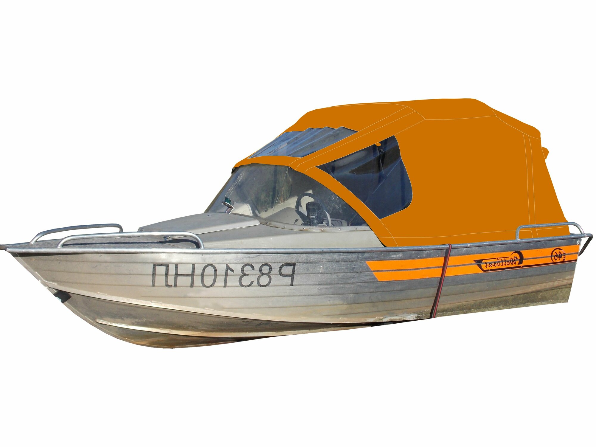 Wellboat-46 / Вельбот-46. Тент с дугами с креплениями на штатное стекло