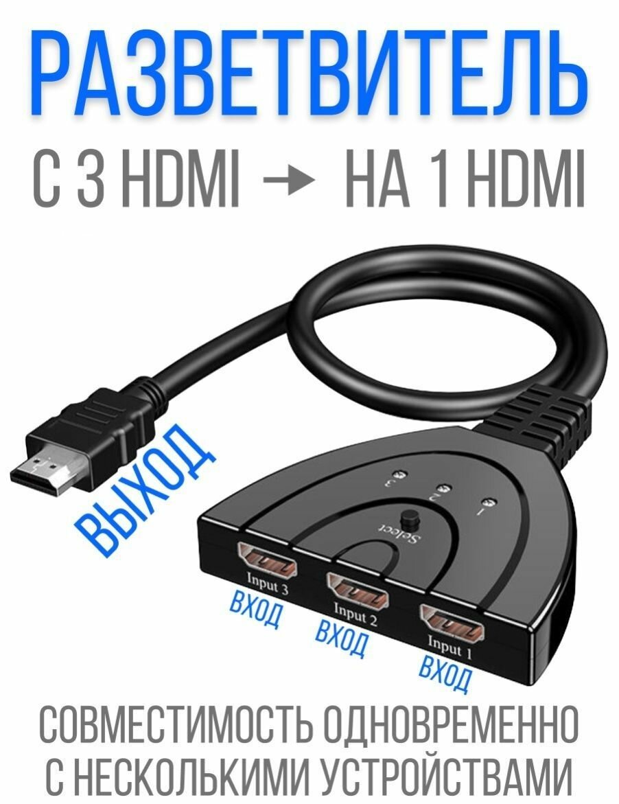 Разветвитель HDMI кабель на 3 гнезда HDMI переходник , Переключатель HDMI 3 x 1 свитчер HDMI 1.4 Full HD
