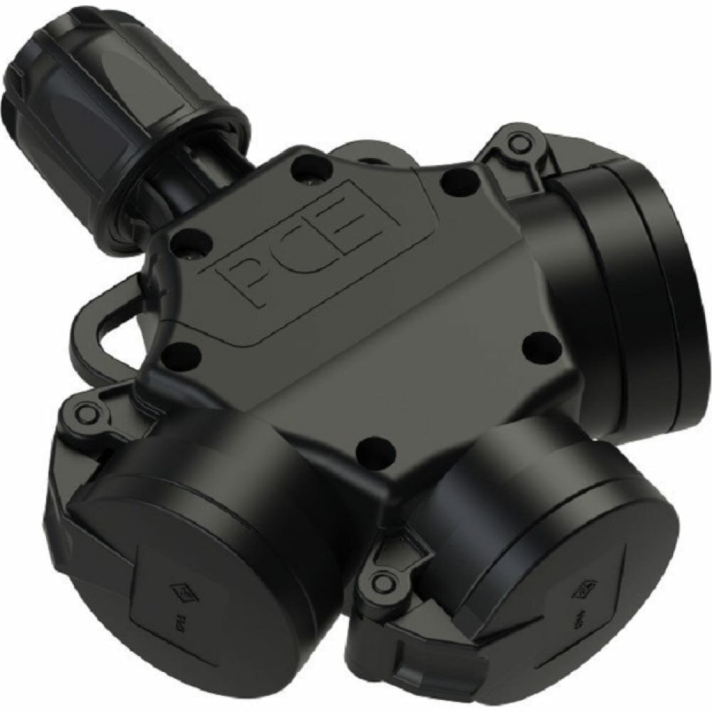 Тройник PCE из твердой резины 16A 250V 2P+E IP44 с подпружиненными крышками и индикацией 253642-sxs