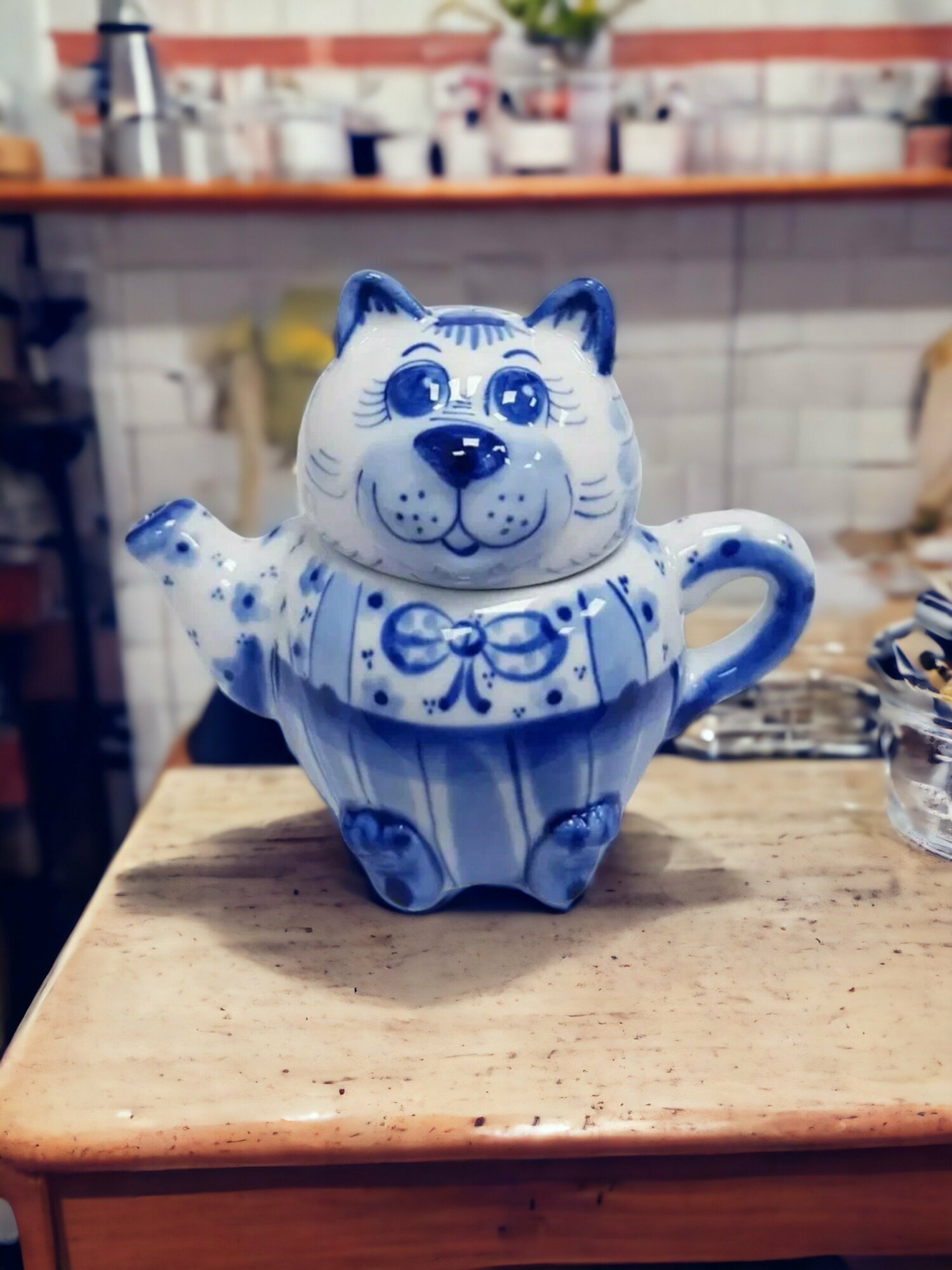 Чайник сувенирный "Кот" 10х6,5х8,5 см гжель фарфор ручная работа