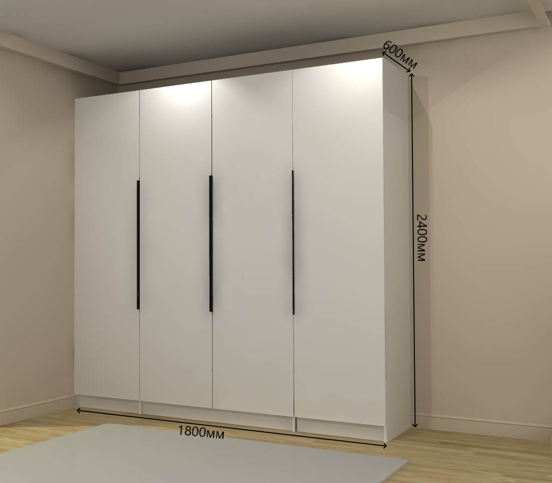 Четырехдверный Белый Матовый Распашной Шкаф 240x60x180 ручки черные, полки, штанга для вешалок. — фото 1